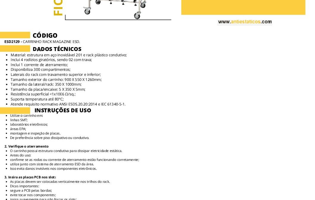 ficha técnica Carrinho ESD Rack Magazine Condutivo Capacidade 300 PCBS ...