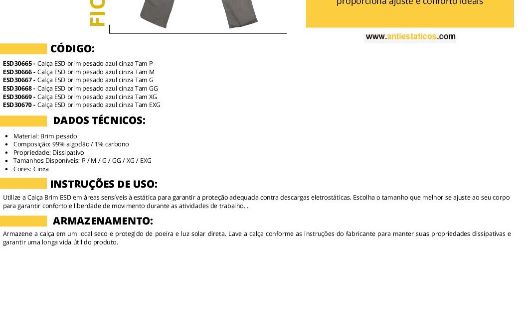 Ficha técnica CALÇA ESD BRIM PESADO CINZA ESD • ESD Antiestáticos